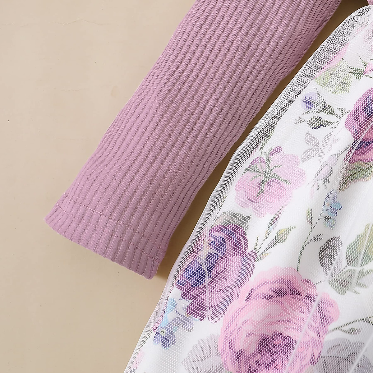 Toddler Girls Outfits Ruffle Long Sleeve Bow Dresses Splicing Floral Princess Tutu Skirts Cute Fall Clothes (Purple, 18-24 Months)