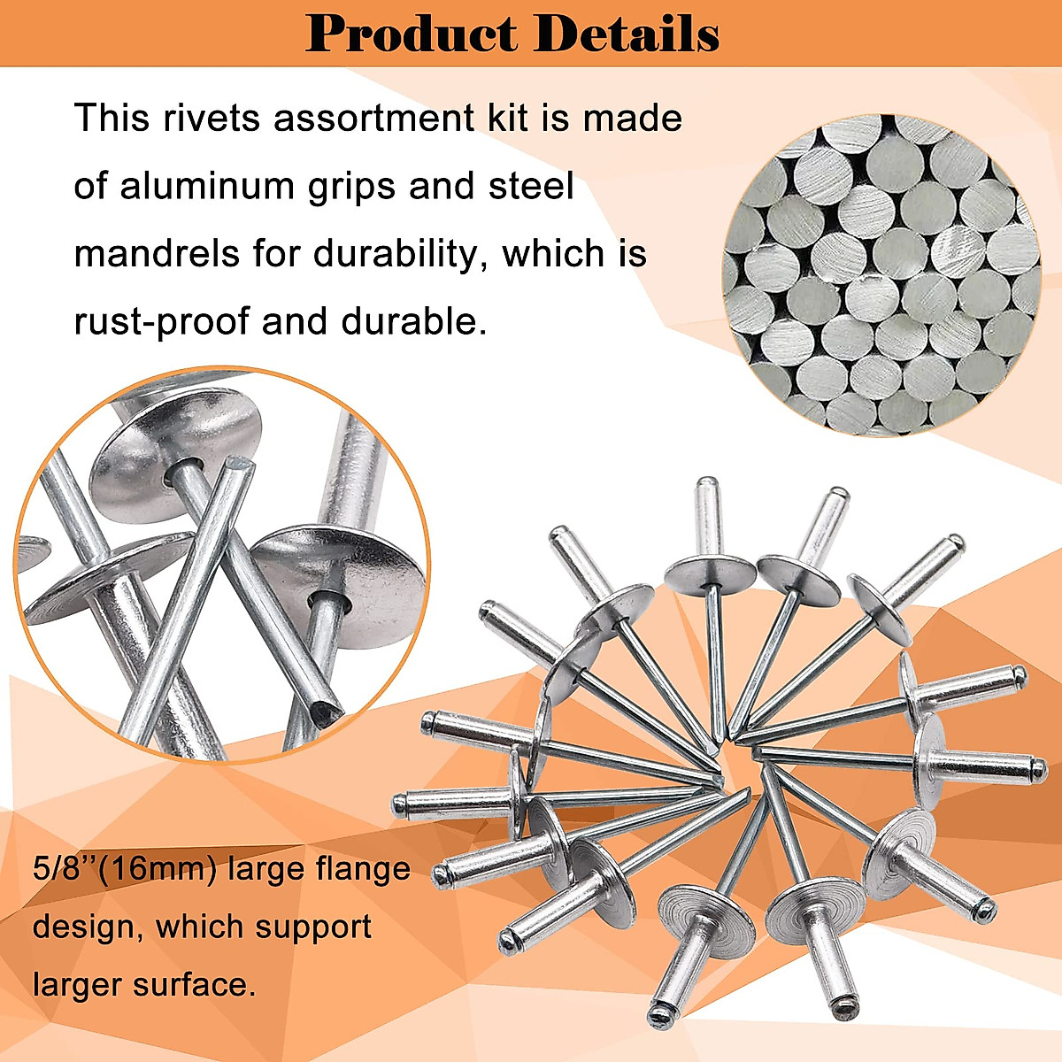 Sunxeke 100pcs Aluminum Large Flange Blind Rivets, 3/16 x 3/8 inch, Flange Diameter 5/8 inch(16 mm), Pop Rivets Assortment Kit Blind Rivet by Bolt Dropper, Grip Range(3-6mm)