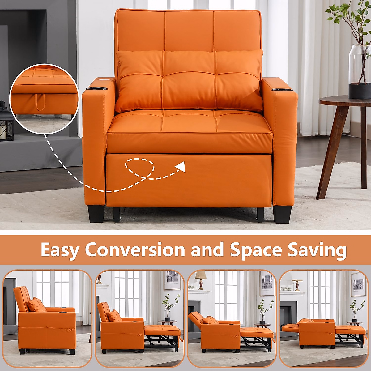 3-in-1 Convertible Sofa Bed Sleeper Chair, Leather Upholstered Pull Out Sleeper Chair with Adjustable Backrest, USB Ports, Cup Holders & Side Pockets for Living Room Apartment Small Space, Orange