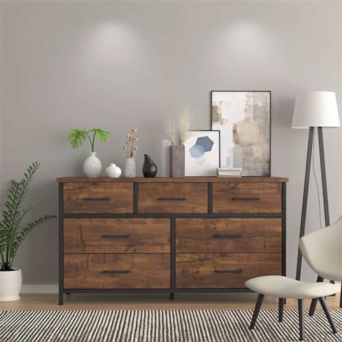 IKENO 7 Drawer Dresser for Bedroom, Industrial Wood Storage Dressers & Chests of Drawers with Sturdy Steel Frame, Storage Organizer for Bedroom Office Wood, Walnut