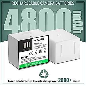 Taken Arlo Pro 4 Battery 3.85V 4800mAh Arlo Batteries Replacement Long Lasting Arlo Camera Batteries for Arlo Ultra 2 Arlo Pro 3 Pro 4, 2 Pack with Arlo Battery Charger Station