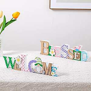 hogardeck Spring Decorations for Home, 2 Pcs WELCOME BLESSED Wood Sign Spring Decor, Rustic Gnome Flower Bird Wooden Block Set Table Centerpiece Farmhouse Ornaments for Mantle Tabletop Tiered Tray Home Decor