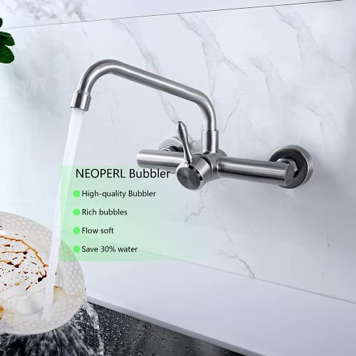FLWUEUE Wall Mount Kitchen Sink Faucet 7.6-8.4 Inch Center, Commercial Kitchen Sink Faucet, Laundry Utility Sink Faucet, Lead-Free, Spout Reach 9.8"
