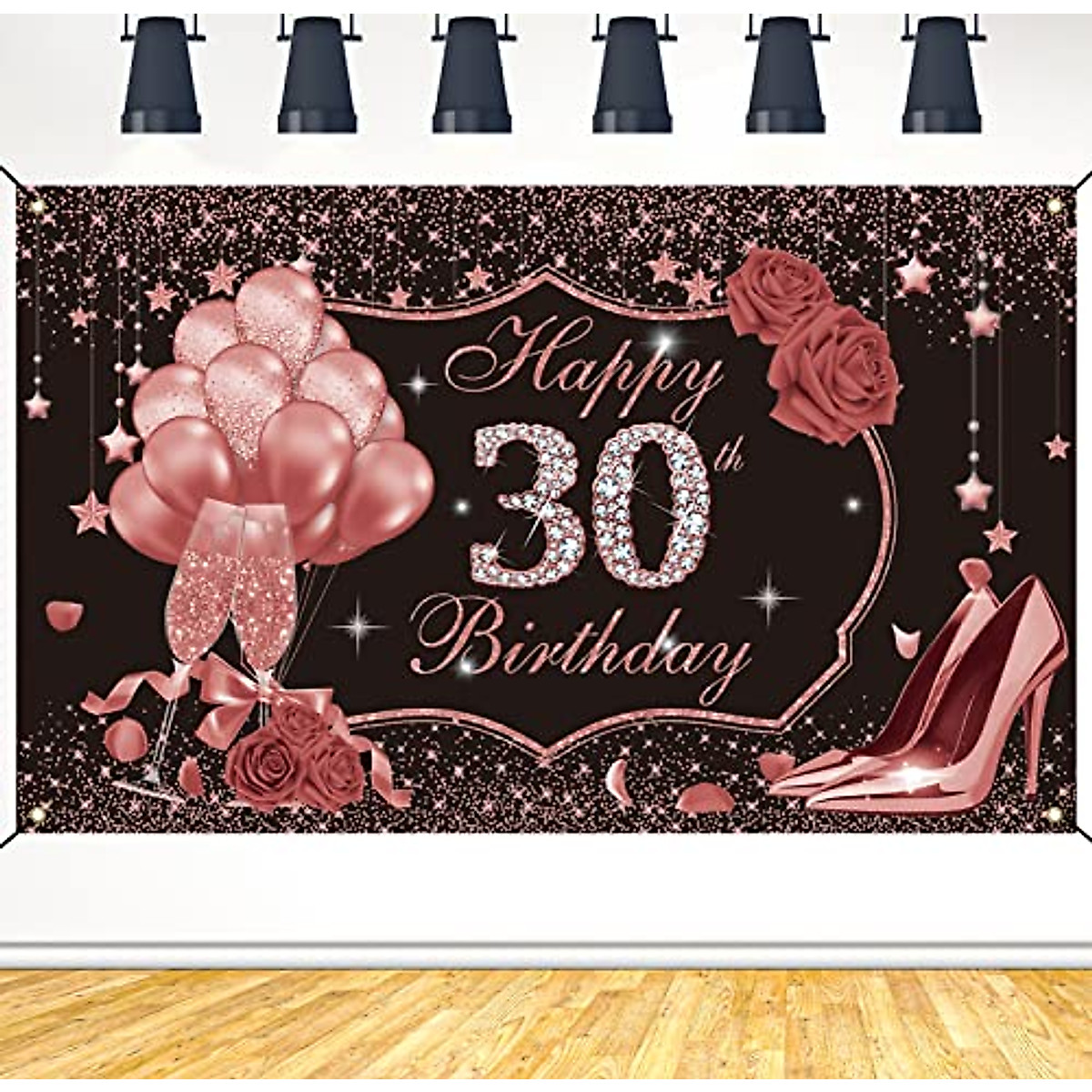 Ufocusmi 30th Birthday Decorations for Women, Rose Gold Happy 30th Birthday Backdrop Banner, Cheers to 30 Years Party Supplies for Her, Dirty 30 Birthday Photography Background 6x3.6 ft
