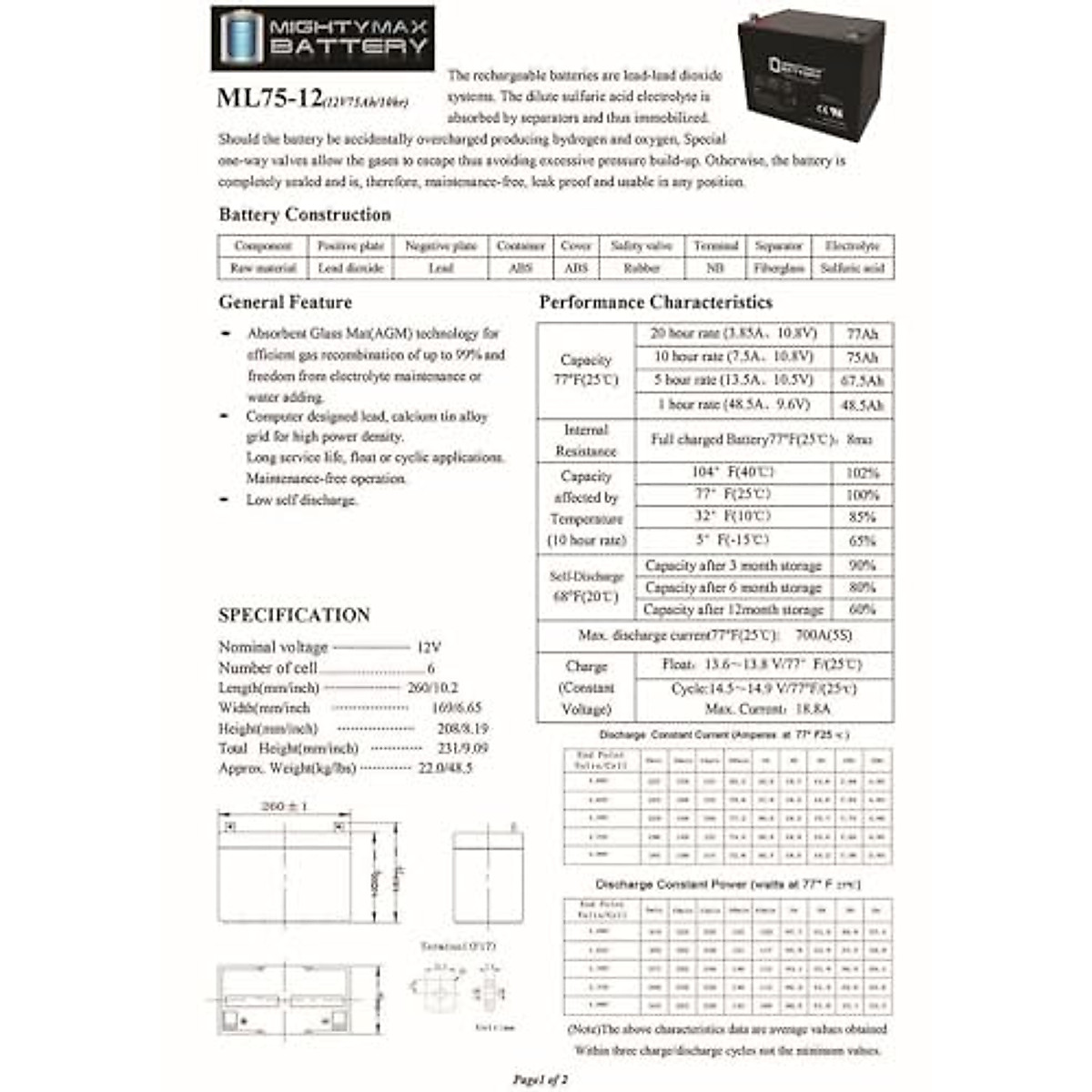 Mighty Max Battery 12V 75Ah SLA Battery for Wayne ESP25 Back-Up Pump