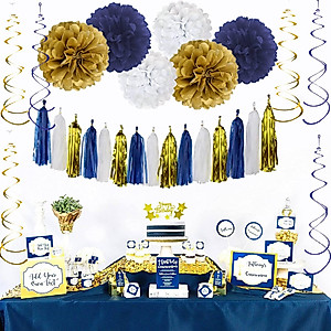 YGYXMY Birthday Decorations for Men Boys | Navy Blue Gold White Happy Birthday Party Decorations Kit | Banner, Balloons, Tissue Pompoms, Swirls, Tassels Garland