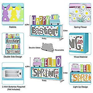 Reversible Hello Spring/Happy Easter Decorations Wooden Block Sign with Led Lights- Double Sign Spring Easter Farmhouse Home Battery Operated Light up Wooden Sign for Table Mantle Tabletop Centerpiece