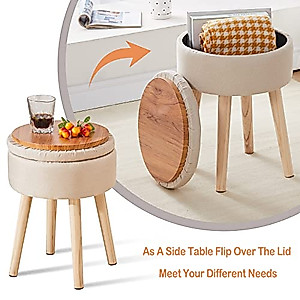 Mxfurhawa Storage Ottoman Linen Round Vanity Stool Tray Top Modern Foot Stool with Wood Legs Multifunctional Upholstered Foot Ottoman Rest for Living Room, Bathroom, Makeup (Beige)