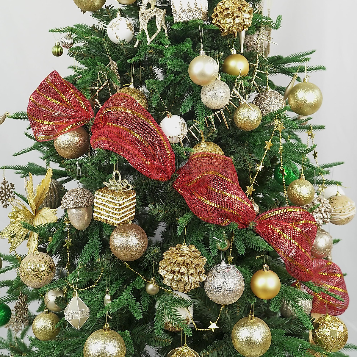 MEEDEE 10 Inch Mesh Ribbon Red and Gold Christmas Deco Mesh Metallic Red Mesh Ribbon with Metallic Gold Stripes 10 Yards Christmas Mesh for Wreaths Christmas Mesh Ribbon for Christmas Tree