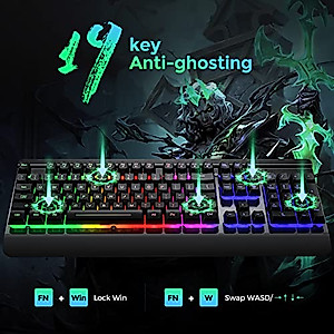 Dacoity Gaming Keyboard, 104 Keys All-Metal Panel, Rainbow LED Backlit Quiet Computer Keyboard, Wrist Rest, Multimedia Keys, Anti-ghosting Keys, Waterproof Light Up USB Wired Keyboard for PC Mac Xbox