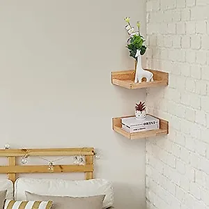 Coral Flower Accent Utility Levie Rustic Modern Floating Corner Wood Wall Shelves for Living Room Kitchen Home Office and More, 12 inches, Walnut