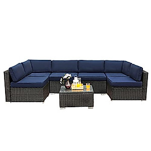 PHI VILLA Patio Furniture Set 7 Pieces Outdoor Sectional Rattan Sofa Set Manual Wicker Patio Conversation Set with 6 Navy Blue Cushions and 1 Tempered Glass Table