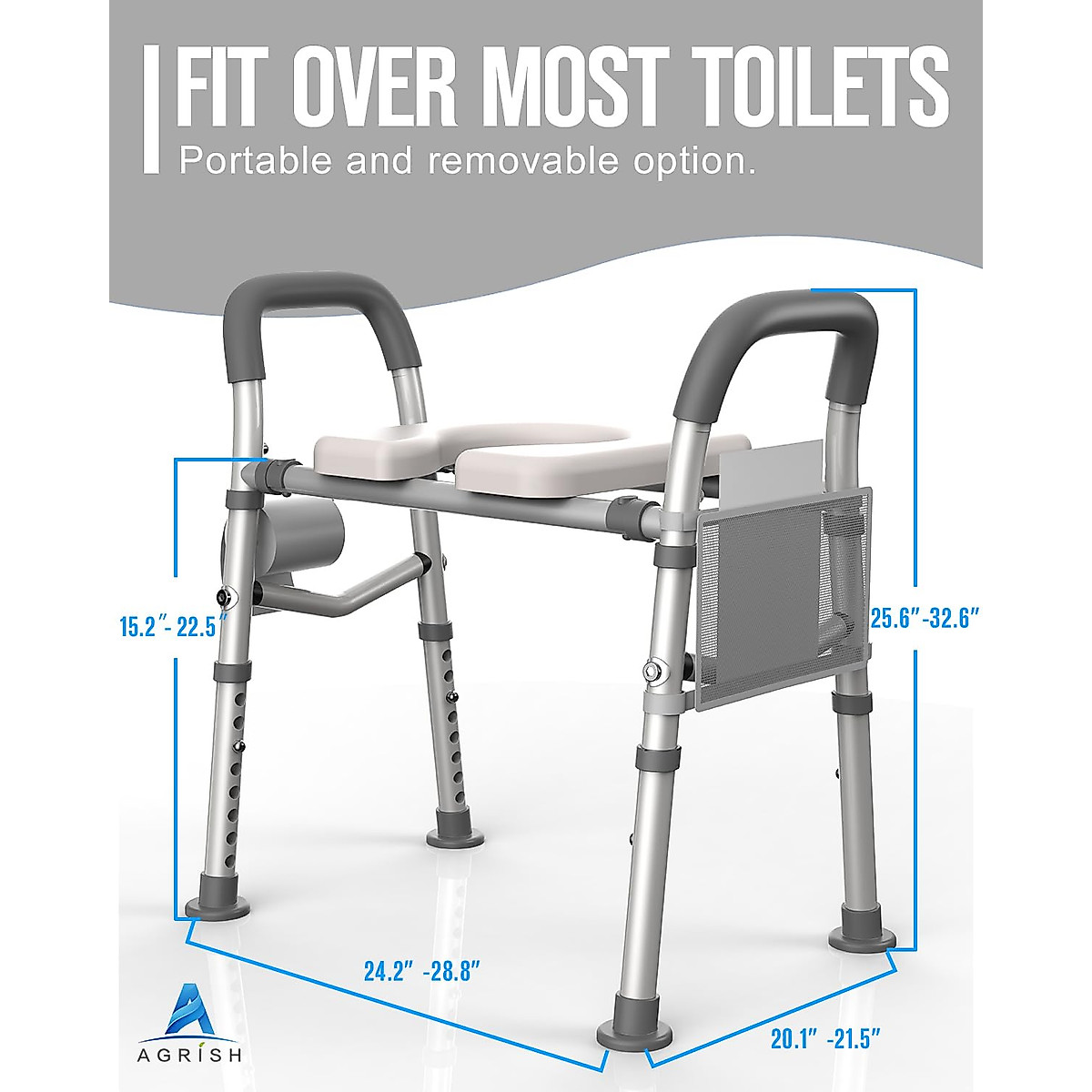 Agrish 3-in-1 Raised Toilet Seat - [Adjustable Width/Height] with Handles, Heavy Duty 400lbs Medical Safety Handrails w/Padded Cushion Seat - Toilet Seat Raisers for Seniors, Handicap, Pregnant