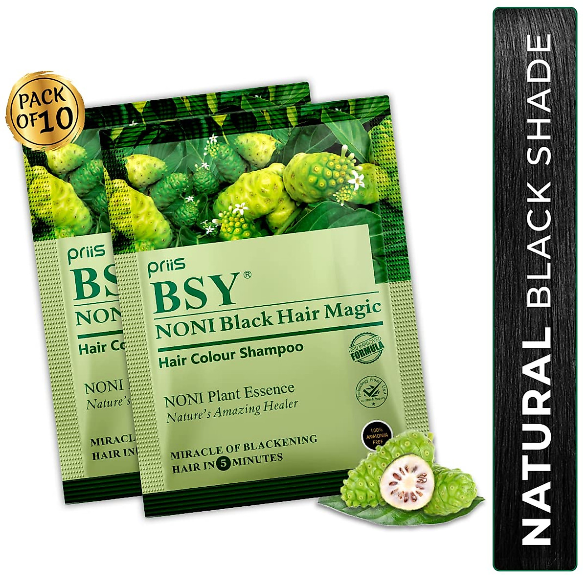 BSY Noni Black Hair Magic Hair Color Shampoo - Ammonia Free, 20ml x 10 Sachets, Natural Black Permanent Hair Dye for Men and Women, Noni Fruit Hair Dye, 5 Minutes Hair Color