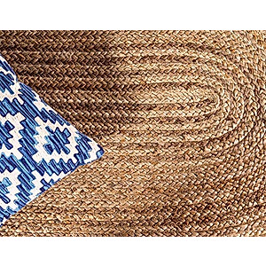 Unique Loom Braided Jute Collection Classic Quality Made Natural Hand Woven with Solid Color Detail Area Rug (8' 0 x 8' 0 Round, Natural/ Navy Blue)