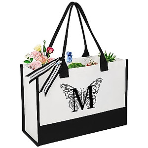 Nuberlic Monogram Letter M Initial Personalized Canvas Tote Bag for Women Butterfly Pattern Reusable Grocery Bags Wedding Birthday Gift