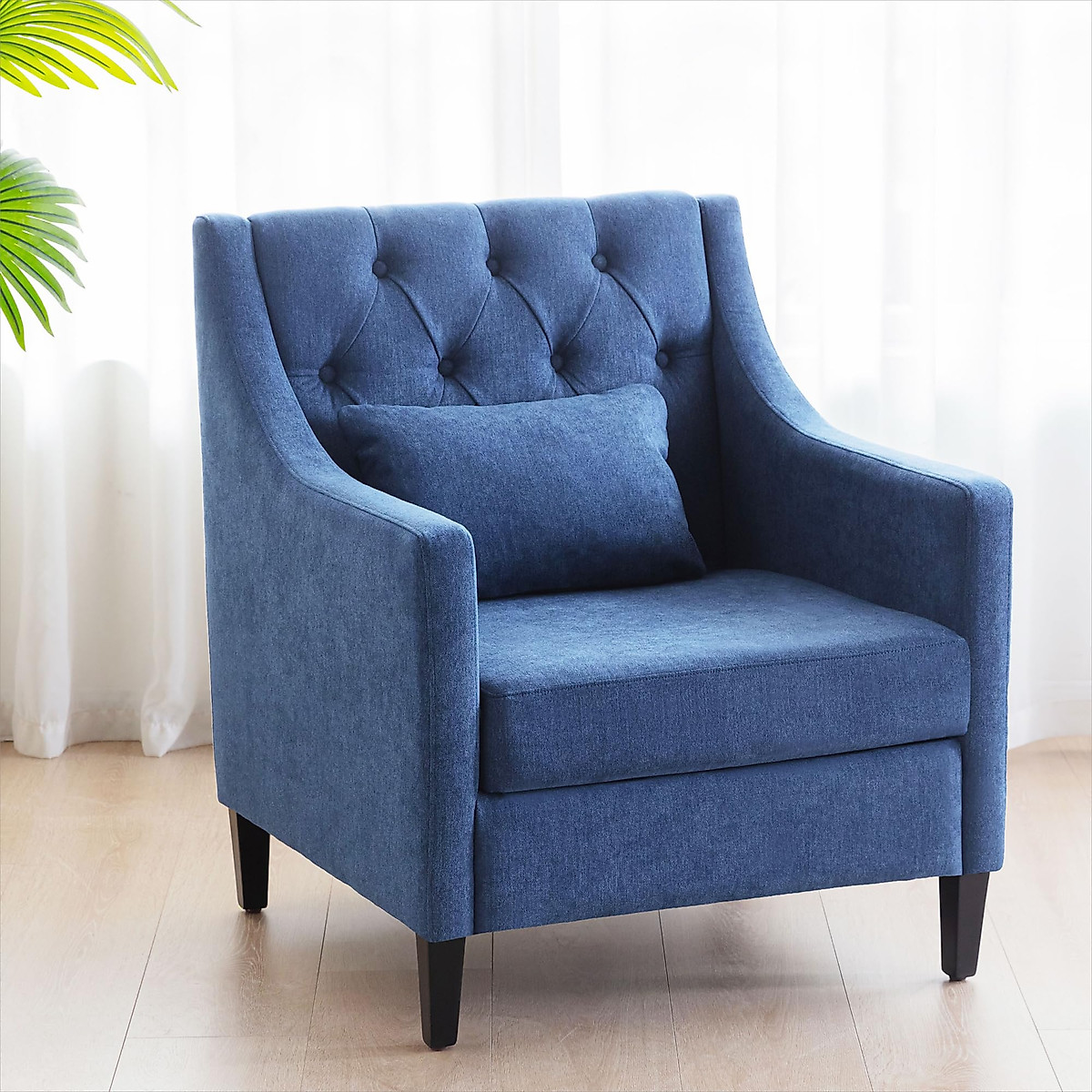 HUIMO Upholstered Living Room Chairs, Accent Chairs with Solid Wood,Reading Chair for Bedroom,Tufted Armchair with Lumbar Pillow,Mid Century Sofa Chair,Comfy Club Chair (Navy Blue)