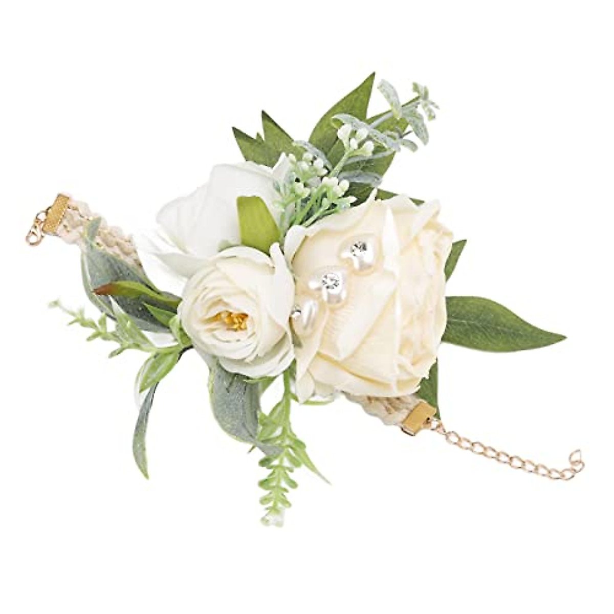Wrist Corsage Wristlet Band Bracelet for Wedding Bride Wrist Flower Artificial Flower Decorative White Roses and Green Leaves for Wedding Party