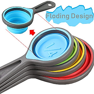 Collapsible Silicone Soft Measuring Cups and Measuring Spoons,8 pieces Portable Food Grade Silicone Measurement Cup for Liquid & Dry Measuring Baking &Utensils & Travel Measuring Cup，space saver