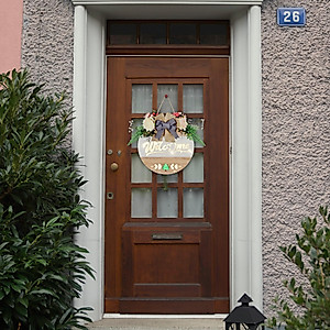 Interchangeable Welcome Sign with Automatic Induction Light, Welcome Sign for Front Door, Welcome Door Sign with 8 Interchangeable Seasonal Icons, Welcome Sign Wall Hanging Farmhouse(Wood Grain)