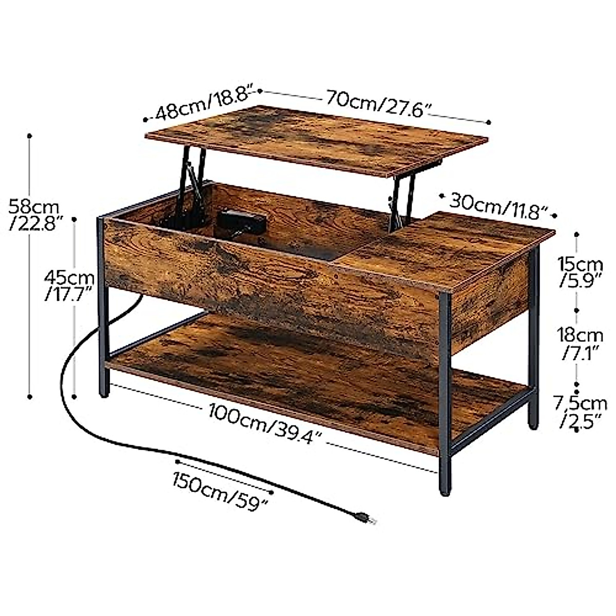 HOOBRO Lift Top Coffee Table, Coffee Table with Charging Station, Coffee Table with Lift Top and Power Outlet, Center Table for Living Room, Office, Reception Room, Rustic Brown and Black BF05UKF01