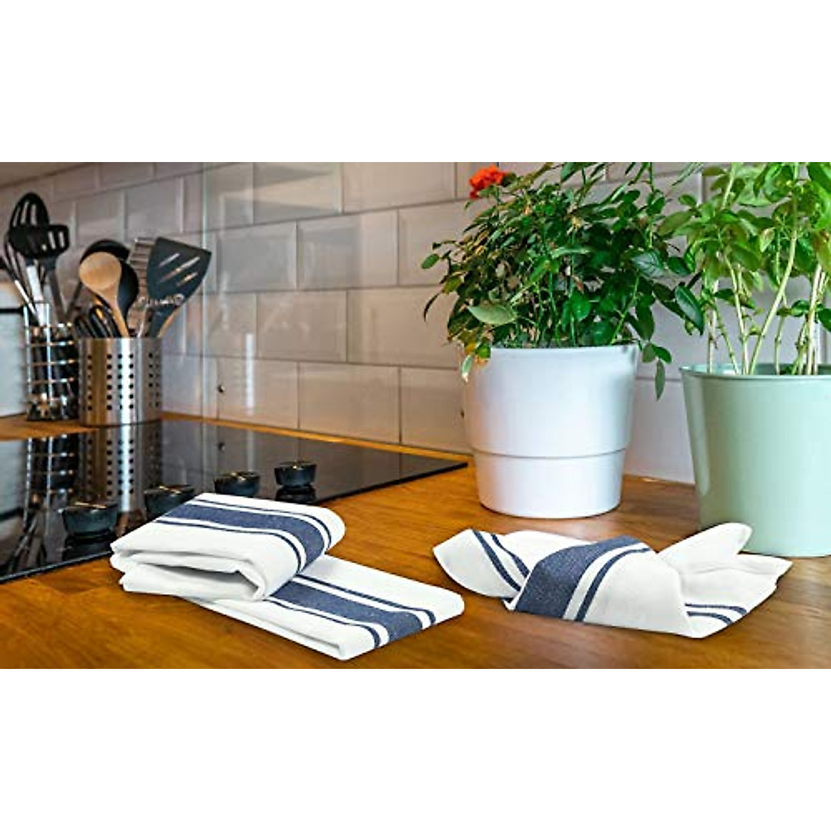 Linen Hub Set of 12 Kitchen Dish Towels Cotton 15x25 Absorbent Durable Washable, Tea Towels, Dish Cloths, Bar Towels, Cleaning Towels, Kitchen Towels with Hanging Loop, Blue White