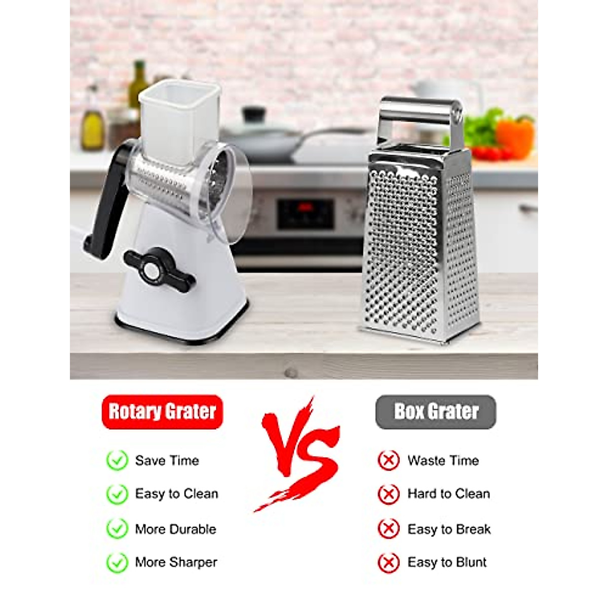 Rotary Cheese Grater,3 in 1 Multi-functional Mandoline Vegetable Shredder,Slicer with Strong Suction Base, 3 Drum Blades in Set (White & Black)