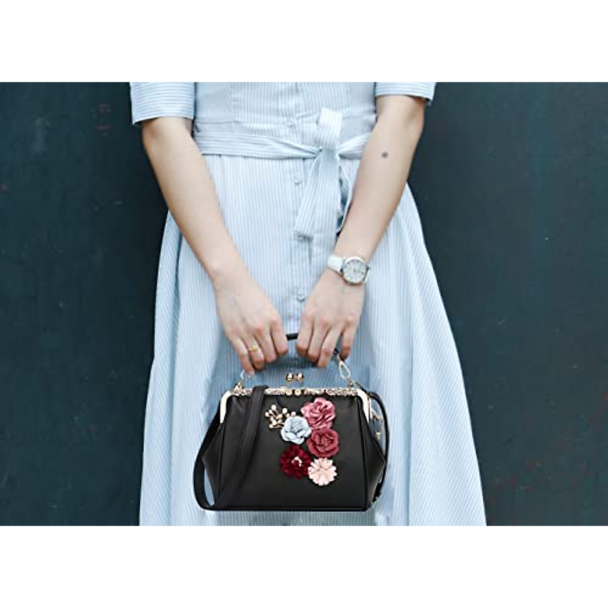 Abuyall Women's Retro Handbag Kiss Lock Shoulder Bag Vintage Purse Flowers M D