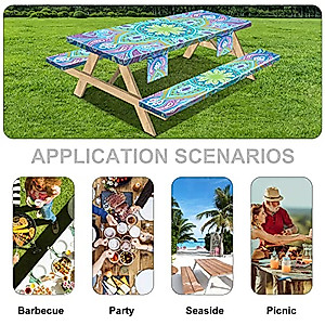 Sotue Picnic Table Cover with Bench Covers 3 Piece Set Elastic Fitted Rectangle Tablecloths Camp Tables Seat Cloth Polyester Oilcloth Vinyl Clothes for Outdoor Waterproof Camping 72x30 Inch Green
