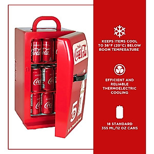 Coca-Cola Retro 18 Can Mini Fridge w/ 12V DC and 110V AC Cords, 22L (23 qt), Portable Cooler, Red, Travel Fridge for Drinks, Snacks, Lunch, Home, Office, Dorm Room, RV
