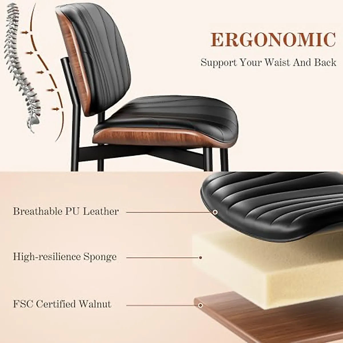 REONEY Dining Chairs Set of 2, Mid-Century Modern Upholstered PU Leather Chairs with Walnut Bentwood Back and Metal Legs Adjustable Feet for Kitchen Dining Room, Black Shell Strips