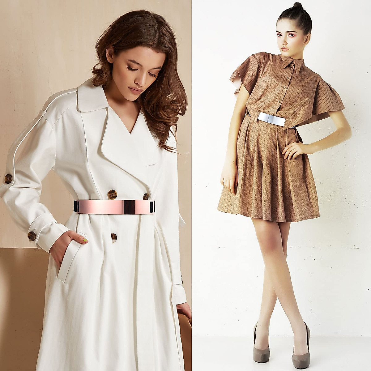 Handepo 4 Pcs Women Mirror Waist Belt Metal Stretch Dress Belts Plated Obi Band Waistband Elastic Belts for Women Metallic Mirror Waist Belt, 4 Colors