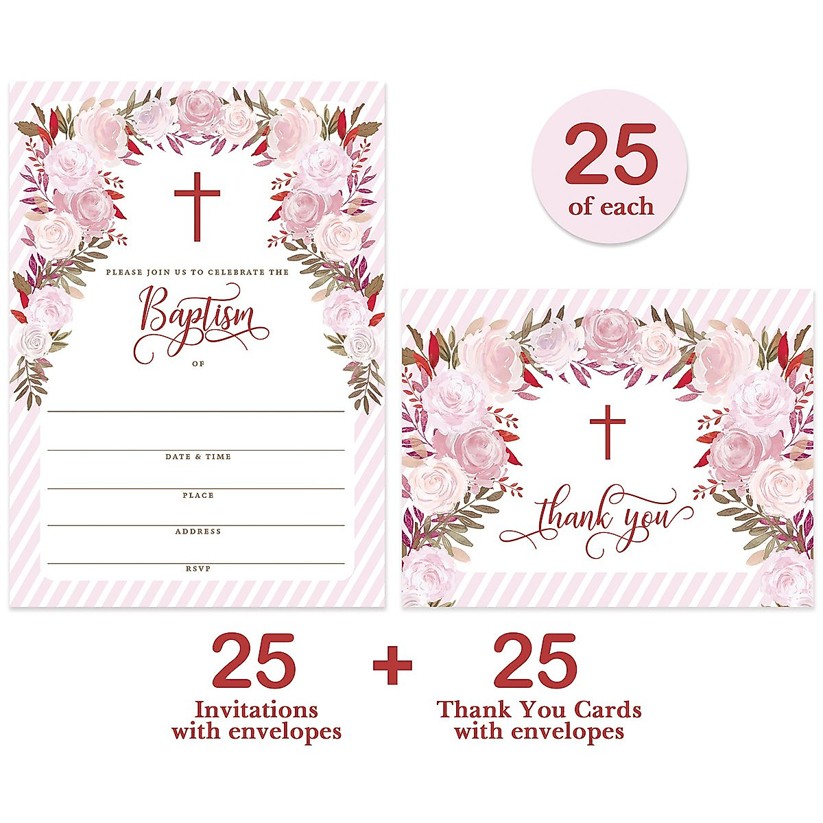 DB Party Studio Set Baby Baptism Invitations with Matched Thank You Notes ( 25 of Each ) Envelopes Included, 5 x 7" Lovely Pink Roses Fill-in Invites & Folded Thanks Cards Infant Christening Pair