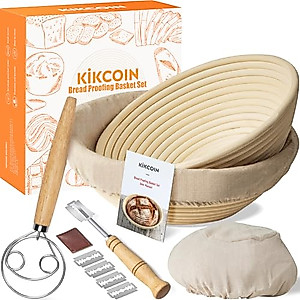 Bread Proofing Basket, Kikcoin Banneton Bread Proofing Basket Set of 2, 9 Inch & 10 Inch Round Sourdough Proofing Basket with Linen Liner, Bread Lame