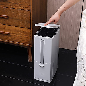 Cq acrylic 8 Liter Slim Plastic Trash Can 2.1 Gallon Small Narrow Garbage Can with Press Top Lid,Trash can with Toilet Brush Holder,Rectangular Modern Waste Can for Bathroom Grey