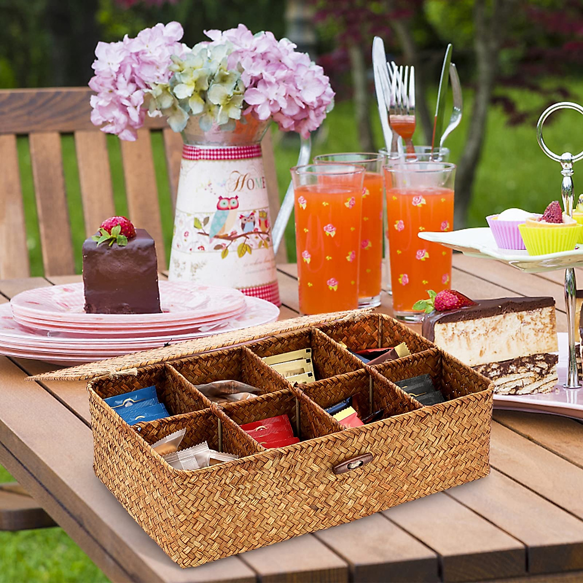 ELLDOO Tea Bags Box with Lid, Wicker Rattan Sugar Packet Holder Coffee Station Condiment Organizer Countertop Storage Desk Baskets for Pantry Coffee Bar Shelves, 8 Grids