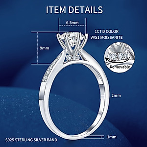 Moissanite Wedding Engagement Ring 1 Carat Classic 6 Prong Lab Created Diamond Anniversary Ring 925 Sterling Silver Solitaire Diamond Promise Ring for Women size 5-18