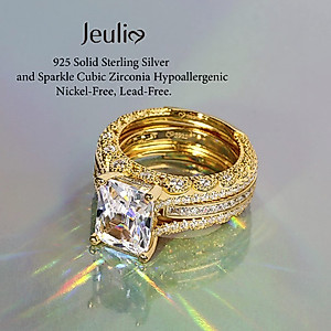 Jeulia Wedding Radiant Cut Ring: 3PC CZ Diamond Engagement Ring Set Promise Anniversary Rings with Side Stones Romantic Jewelry Gift for Her with Gift Box (Yellow Gold, 9.5)