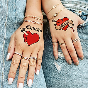 VANTATY 25 PCS 3D Bride Of Chucky Tattoo Heart, Tiffany Costume Bride Of Chucky For Women Kids Girls, Bride Of Chucky Heart Temporary Tattoo Stickers, Halloween Costume Zombie Chucky Makeup Kit