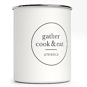 Barnyard Designs Metal Utensil Crock Holder, Rustic Farmhouse Countertop Decor, Country Kitchen Utensil Storage Caddy Organizer, White, 5.5" x 6.75”