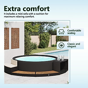 vidaXL Spa Surround - Black Poly Rattan and Acacia Wood - Chic and Modern Design with Built-in Storage, Mini Sofa and Comfort Cushion