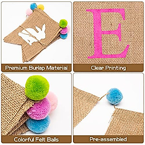 2Pcs Easter Banner Burlap Flag Felt Ball Garland Kit, With Pendants Pom for Centerpieces Easter Decorations Party Decor Fireplace Porch Wall Backdrops