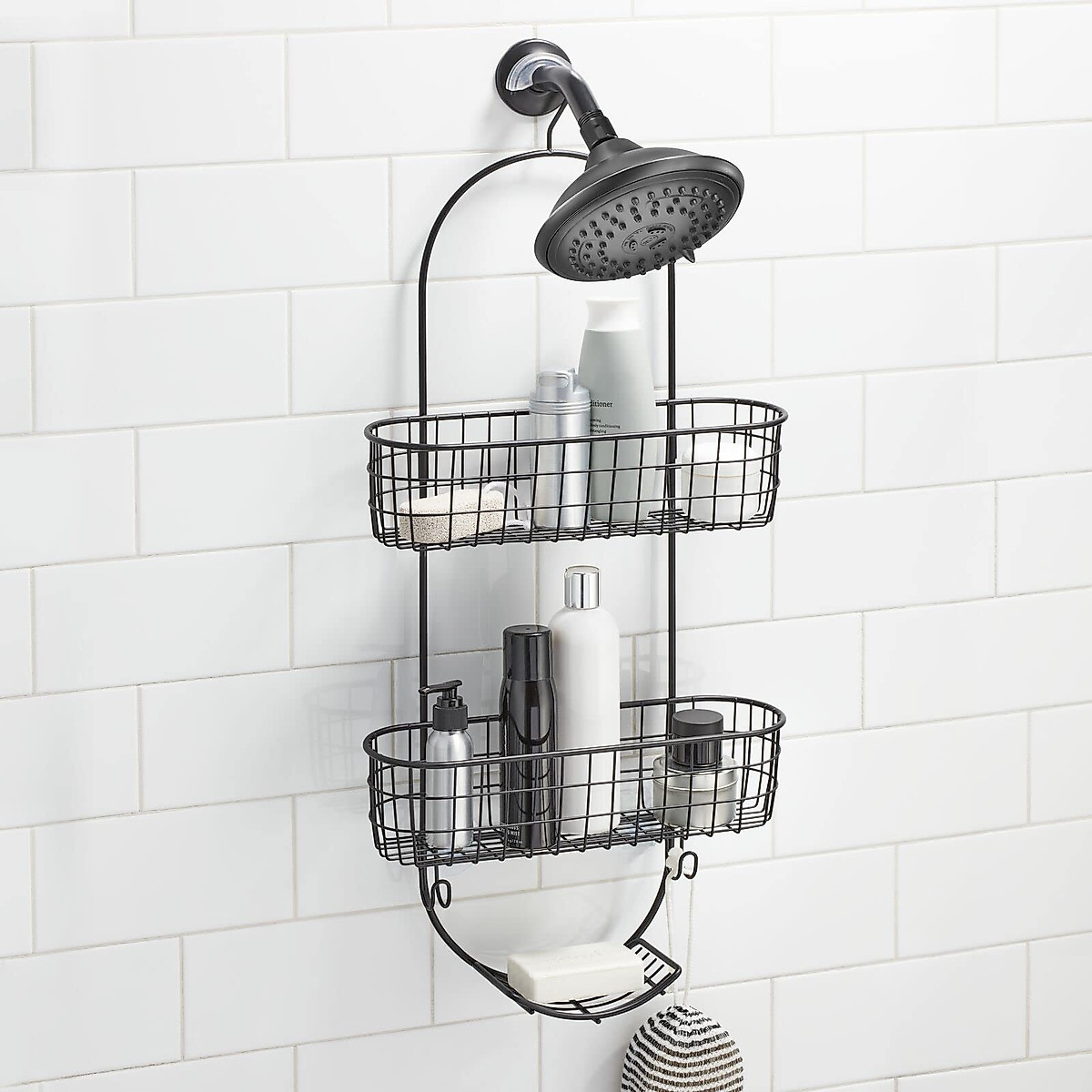 mDesign Steel Metal Curved Bathroom/Shower Caddy, Hanging Storage Organizer for Shampoo and Conditioner Bottles - 2-Tier Rack with Baskets - Holder for Soap, Body Wash, Concerto Collection, Black