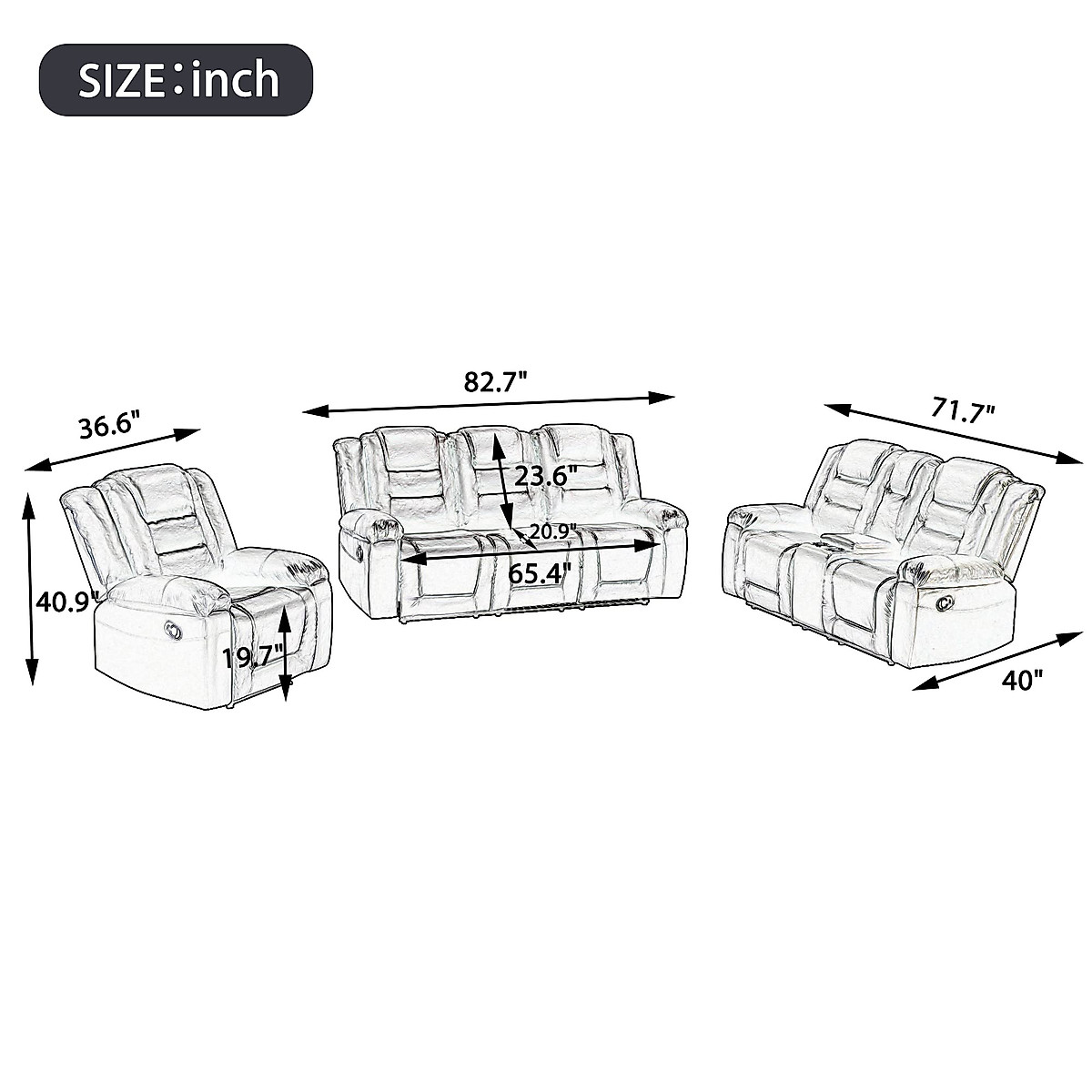 KAZIO Manual Leather Recliner Sofa Set, Living Room Furniture Set,Leather Sofa Set and Recliner Couch for Home/Office