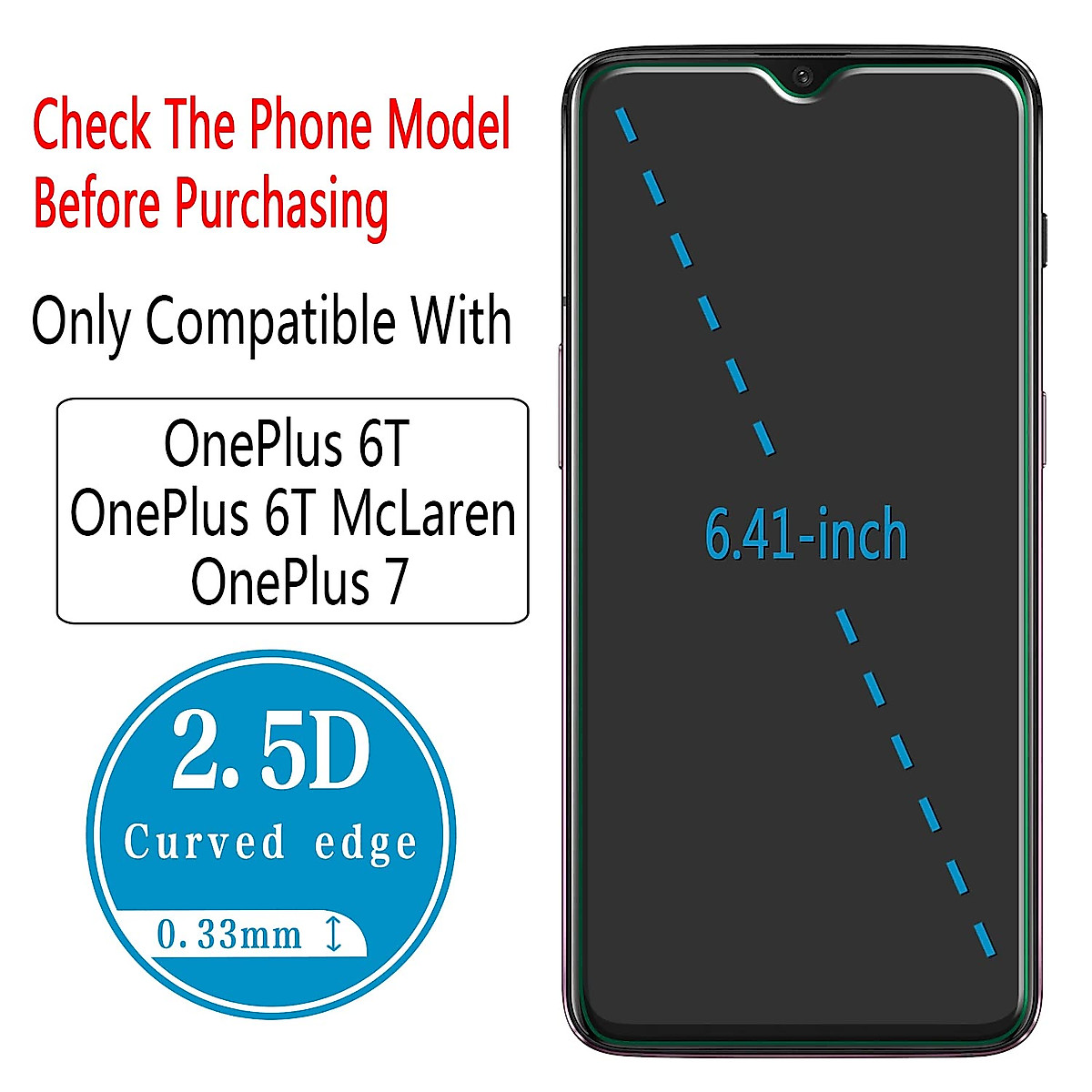 HPTech [2-Pack] Tempered Glass for OnePlus 6T, OnePlus 6T McLaren, OnePlus 7 Screen Protector, Easy to Install, Bubble Free, 9H Hardness, Case Friendly