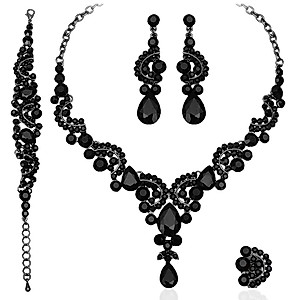 CSY 4 Pcs/Sets Vintage Necklace Earrings Bracelet Ring Retro Bridal Wedding Costume Jewelry Sets for Brides Women Gifts (Black Crystal)