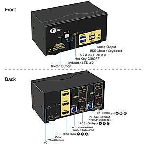 CKLau 4K@60Hz 2 Port HDMI KVM Switch Triple Monitor with Audio, Cables and 2 USB 3.0 Hub for 2 Computers Sharing Keyboard Mouse, 3 Monitors and 2 Peripherals Devices Support Hotkey Switching