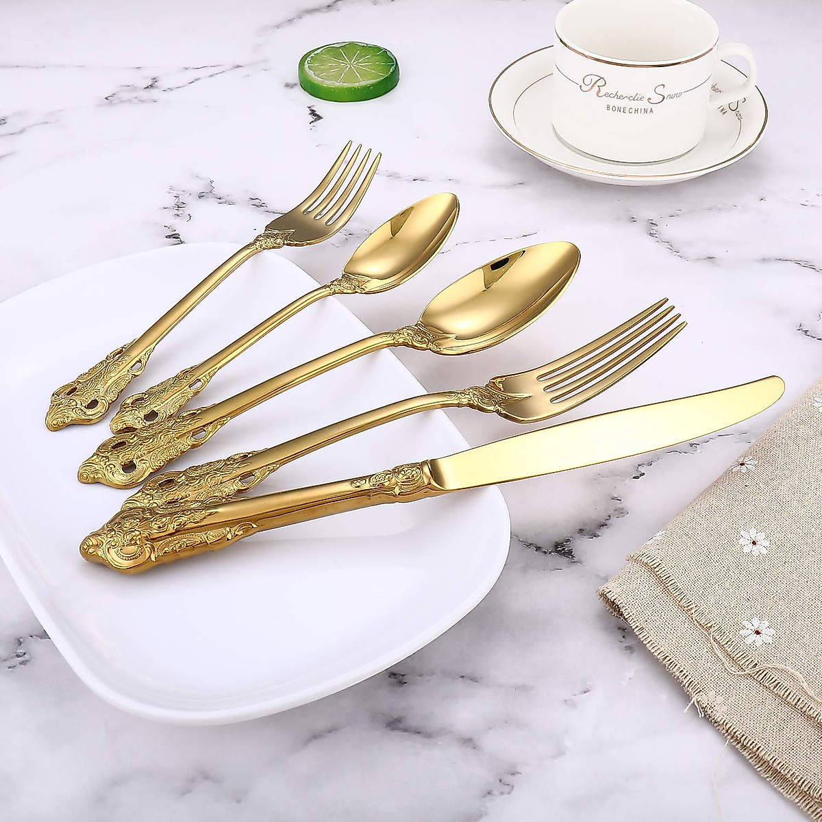 ZCF 5-Piece Gold Flatware Silverware Cutlery Set,18/10 Heavy Duty Stainless Steel Utensils,Service for 1,Include Knife/Fork/Spoon,Mirror Polished, Dishwasher Safety