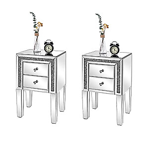 VINGLI Mirrored Nightstand Set of 2 Silver Glass Sofa/Couch Side Tables Bedroom End Tables with Storage, 24.8 inch Tall