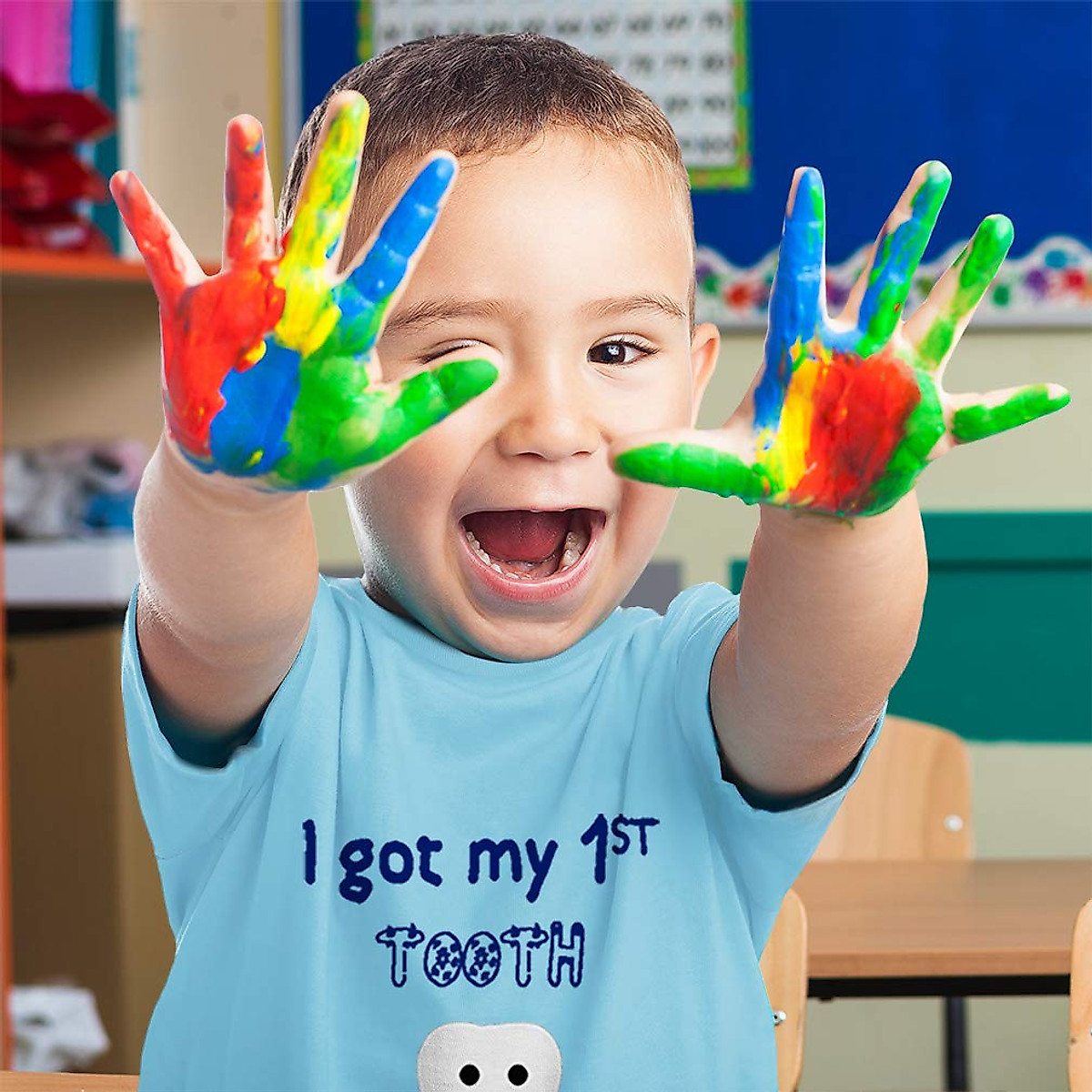 Toddler T-Shirt Funny I Got My First Tooth Funny Humor Style B Cotton First Tooth Boy & Girl Clothes Smiling Tooth Baby Funny Tee Light Blue Design Only 12 Months